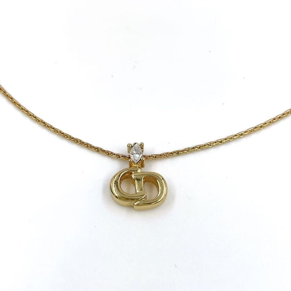 Christian Dior Logo Metal And Rhinestone Gold Necklac… - Gem